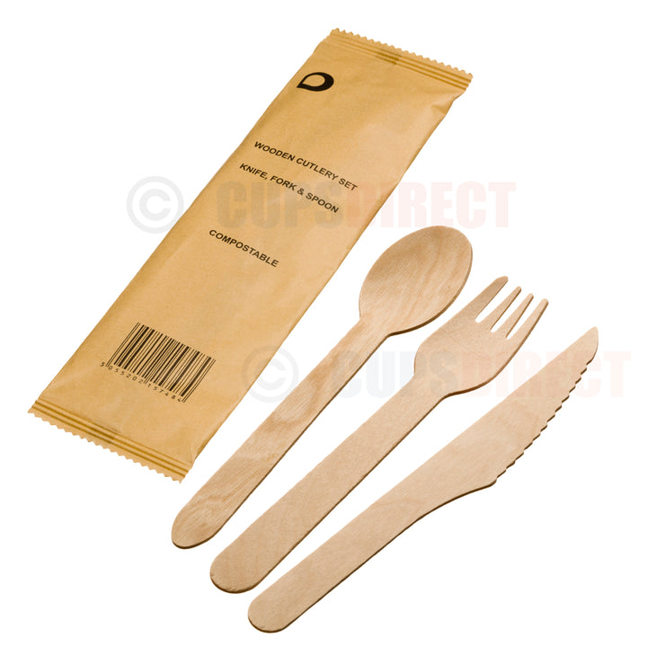 500x Wooden Cutlery Packs, Wrapped Knife, Fork and Spoon – CupsDirect